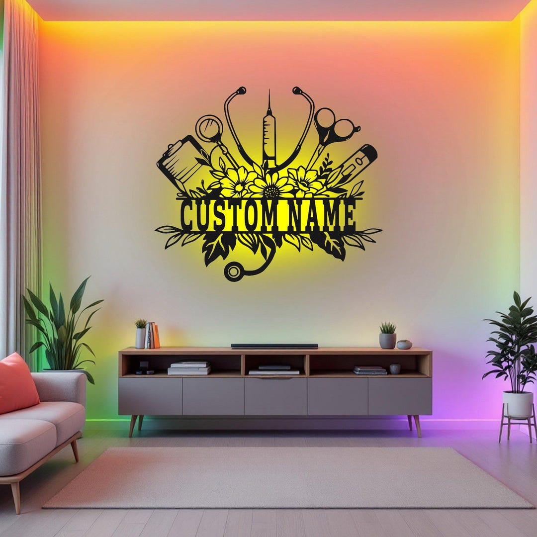 Custom Nurse Floral Frame Metal Wall Art With LED Light, Personalized ...