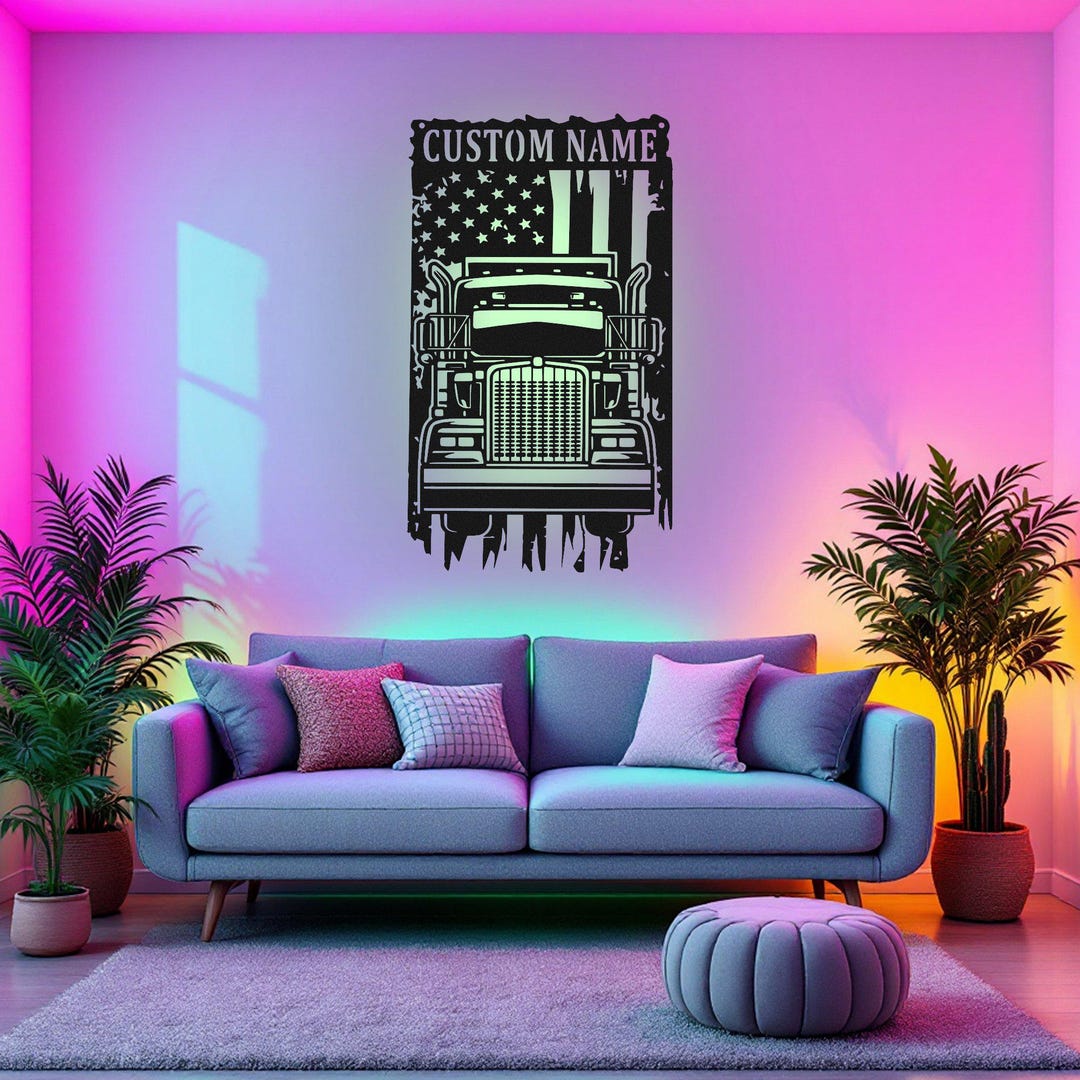 Custom US Semi Truck Metal Wall Art With LED Light, Personalized Semi ...