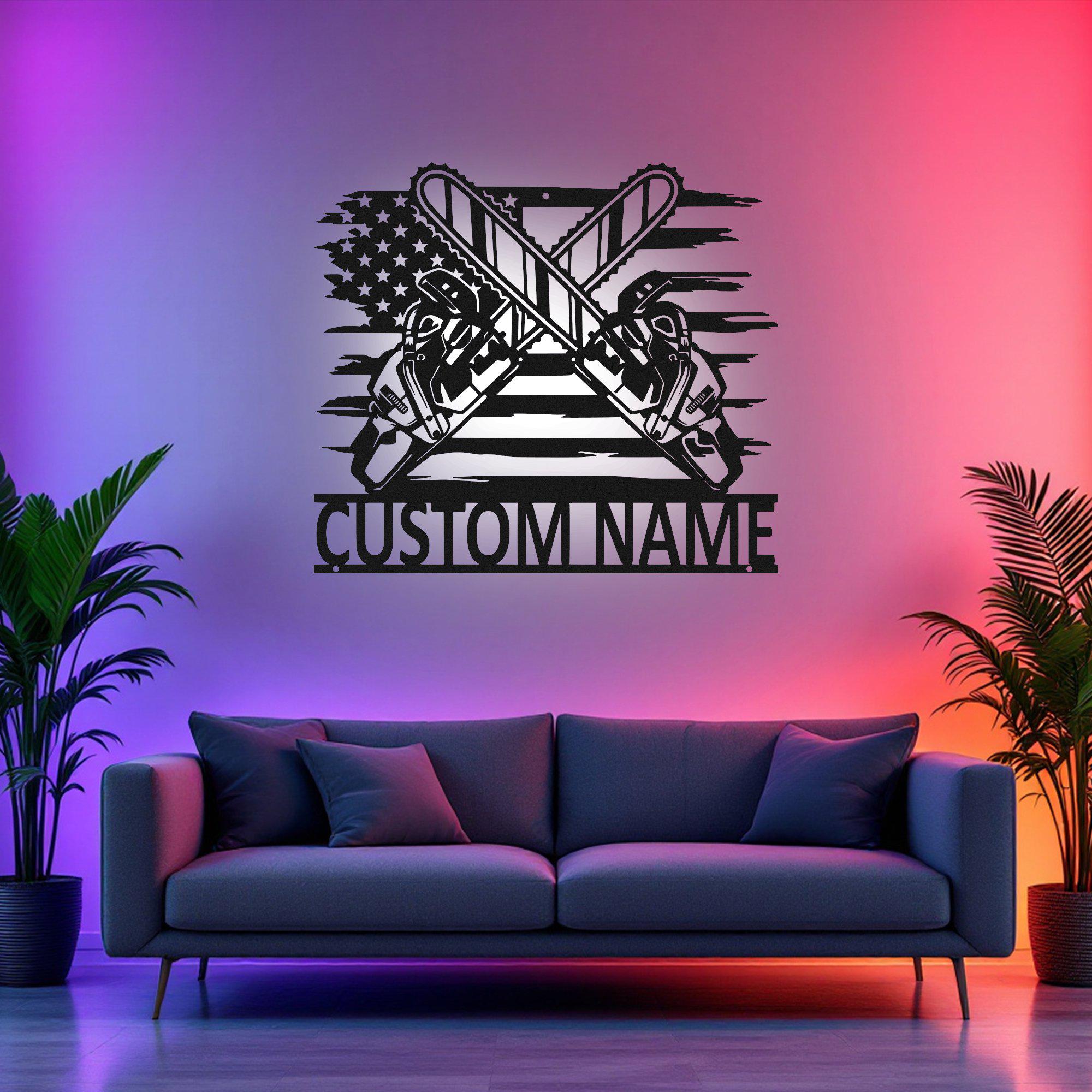Custom US Logging Chainsaw Metal Wall Art With LED Light, Personalized ...