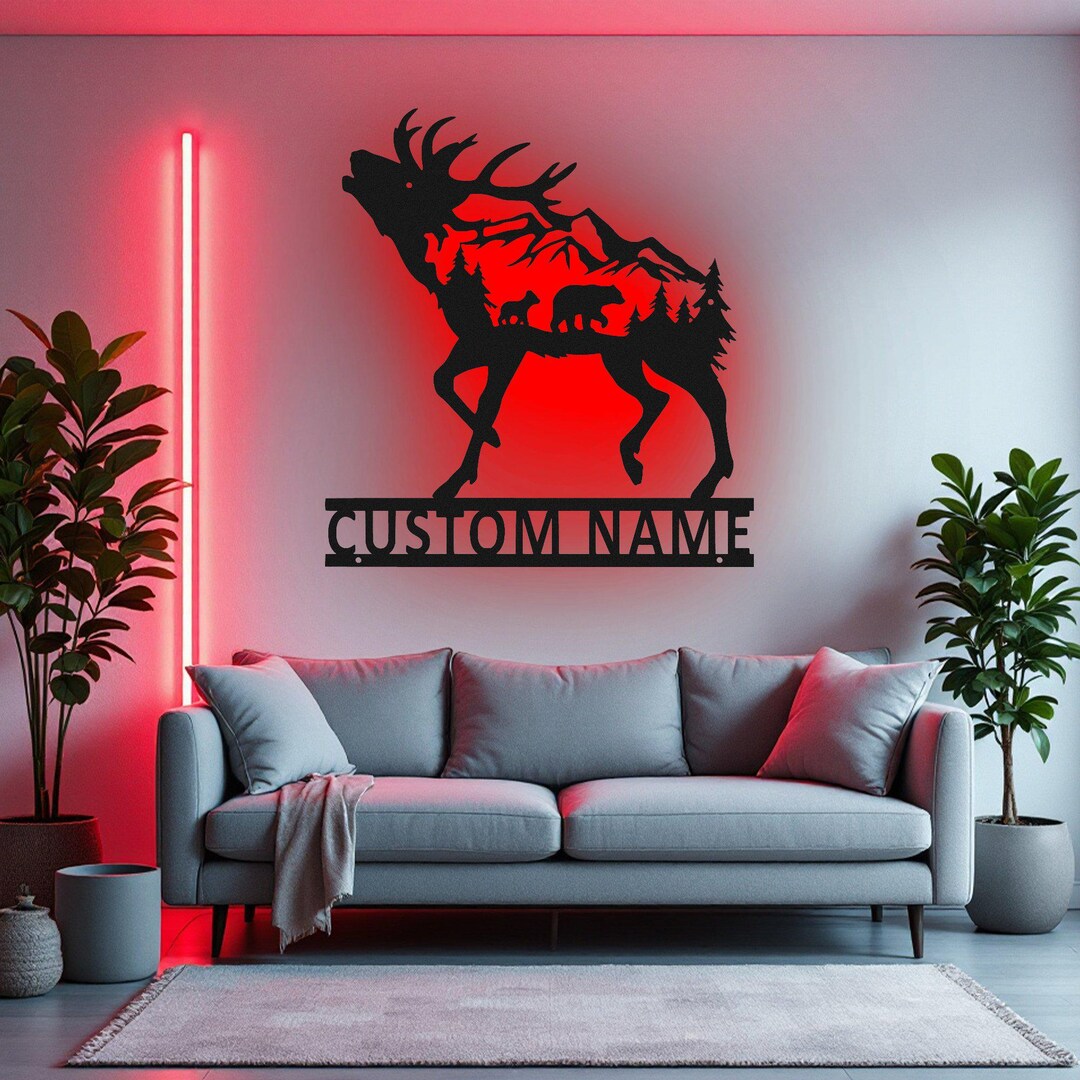 Custom Elk Metal Wall Art With LED Light, Personalized Elk Deer Name ...