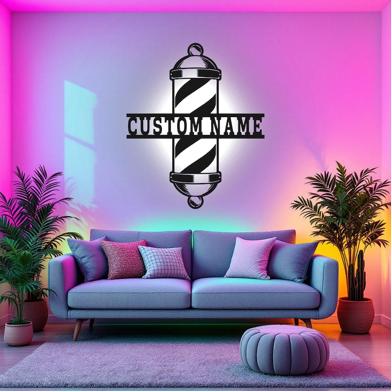 Custom Barber Pole Metal Wall Art With LED Light, Personalized Barber ...