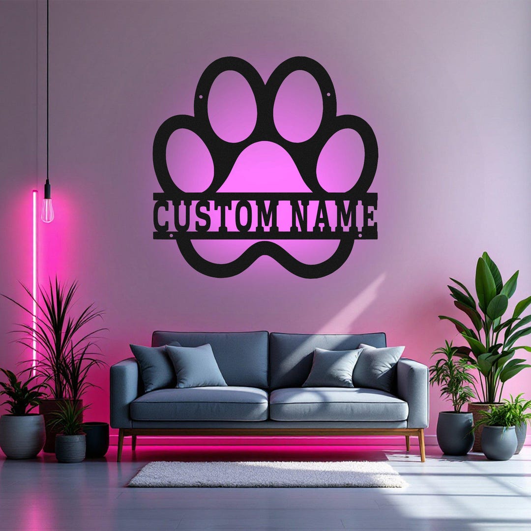 Custom Dog Paw Metal Wall Art With LED Light, Personalized Dog Name ...