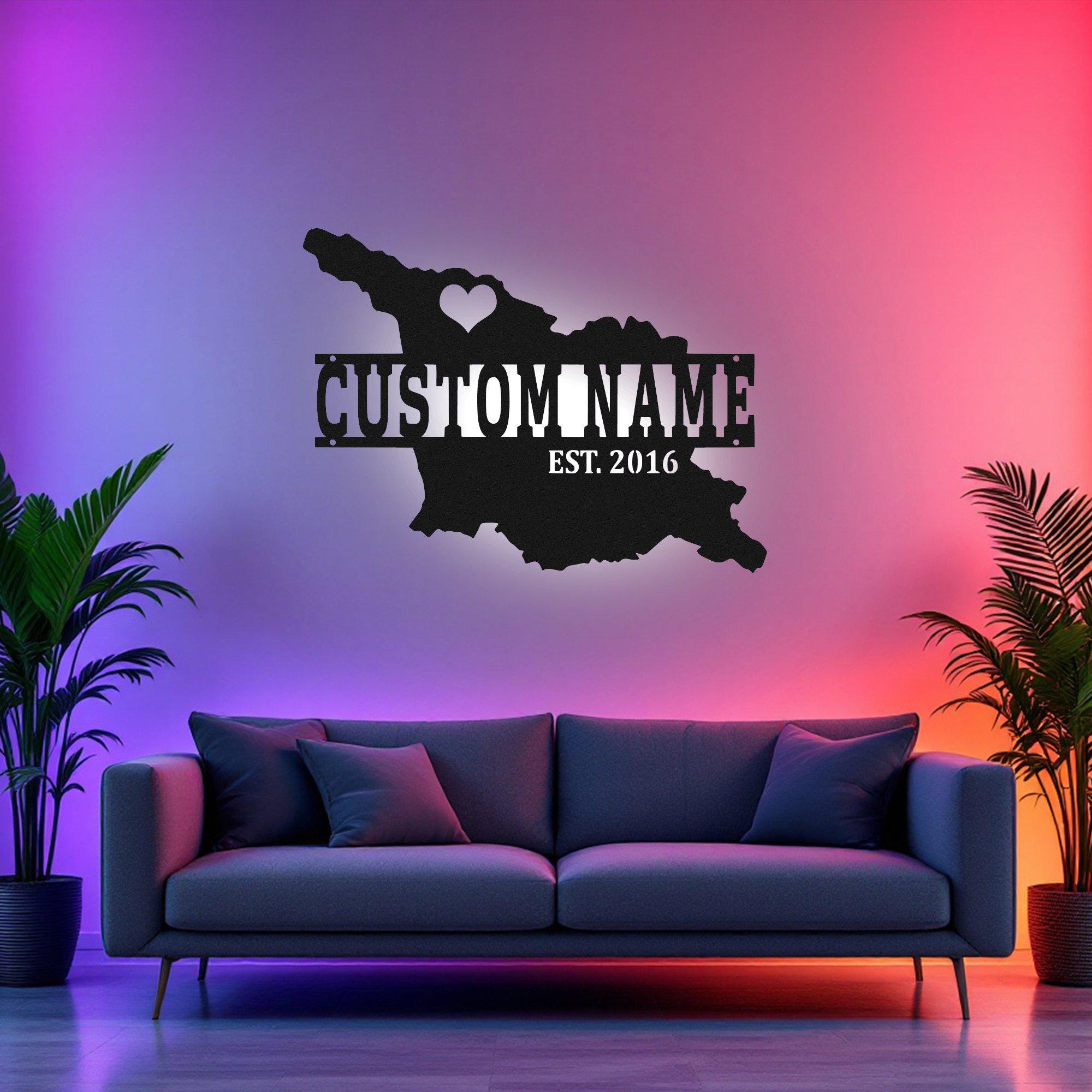 Custom Georgia Map Metal Wall Art With Led Light, Personalized Georgia ...