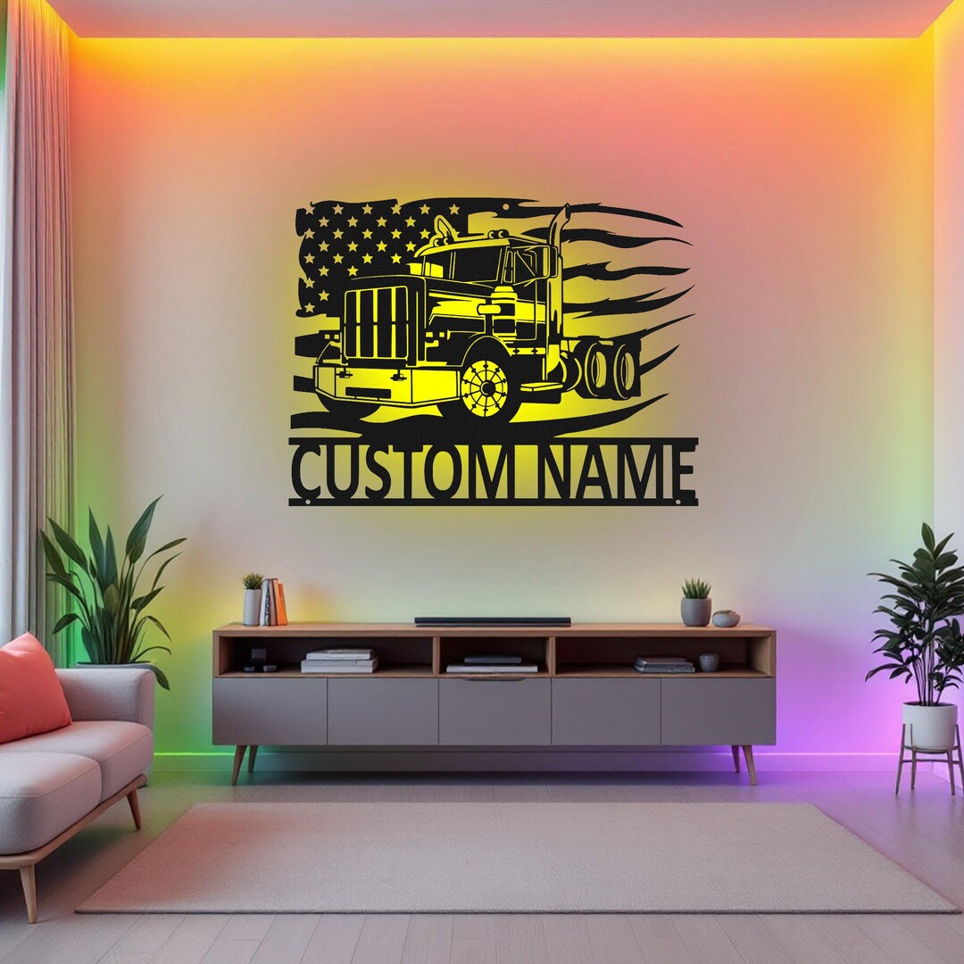 Custom US Semi Truck Metal Wall Art With LED Light, Personalized Semi ...