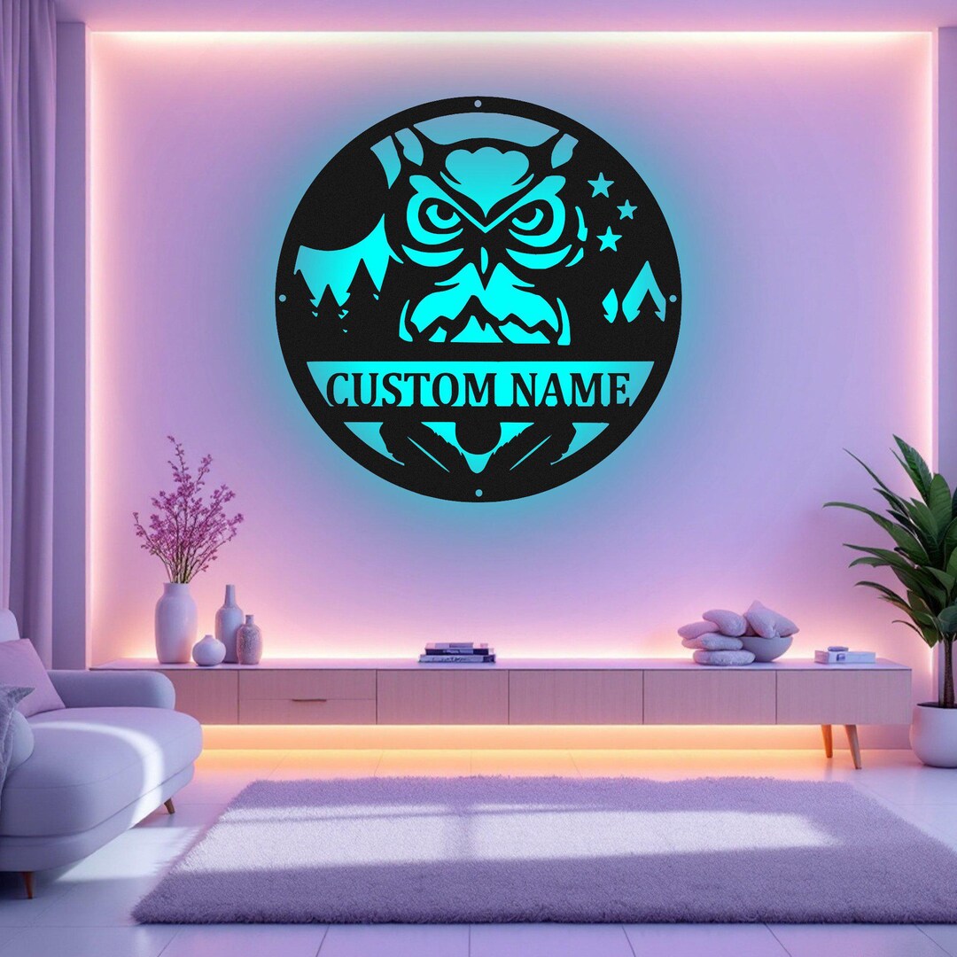 Custom Owls Metal Sign With LED Light, Personalized Owls Name Sign ...