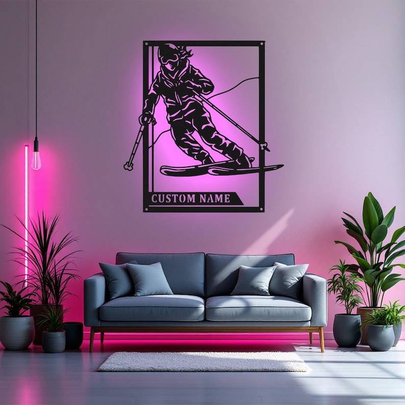 Custom Female Skiing Signage Metal Wall Art With LED Light ...