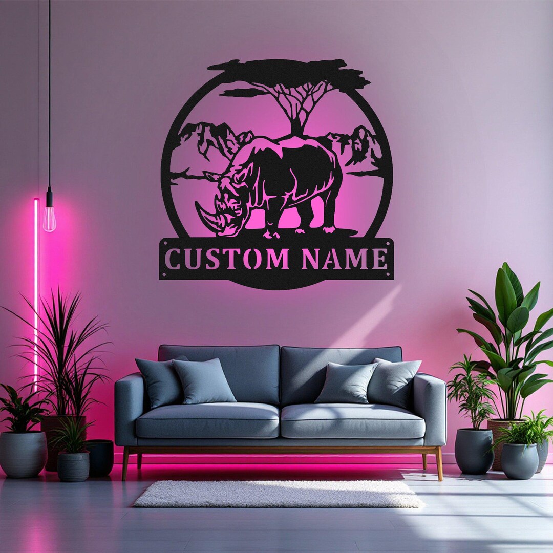 Custom Rhinoceros Metal Wall Art With LED Light, Personalized ...
