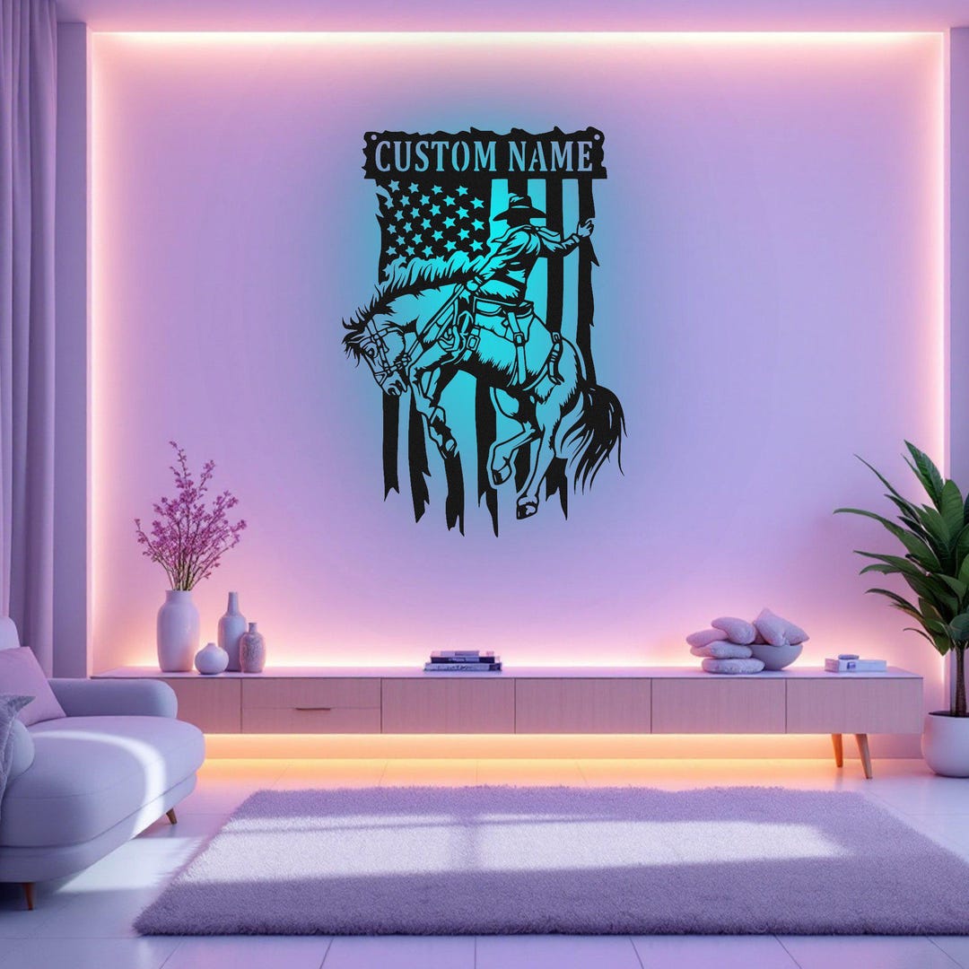 Custom US Rodeo Metal Wall Art With LED Light, Personalized Rodeo Name ...