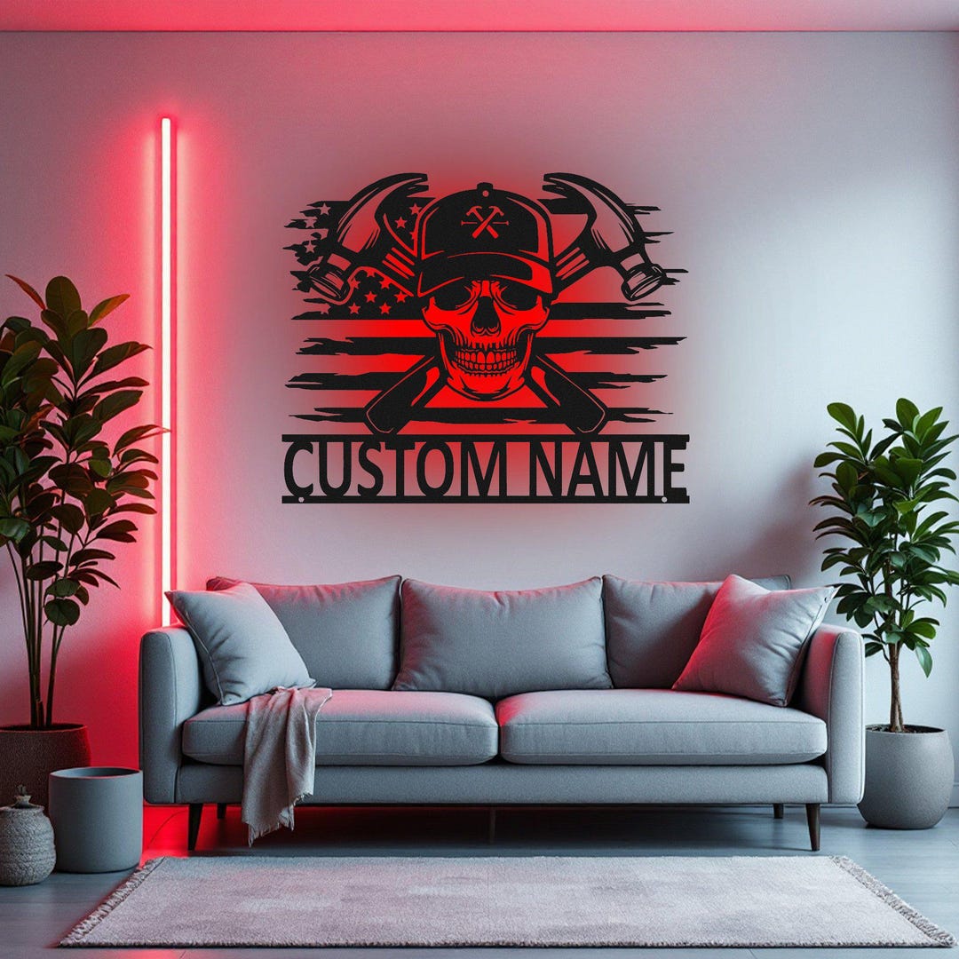 Custom US Carpenter Skull Metal Wall Art With LED Light, Personalized ...