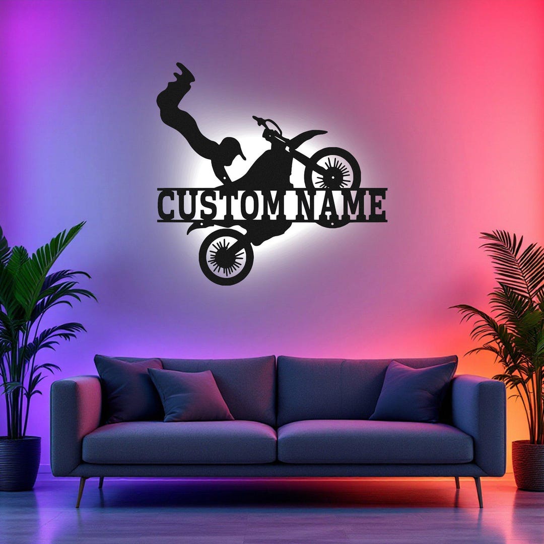Custom Biker Metal Wall Art With LED Light, Personalized Dirt Bike Name ...