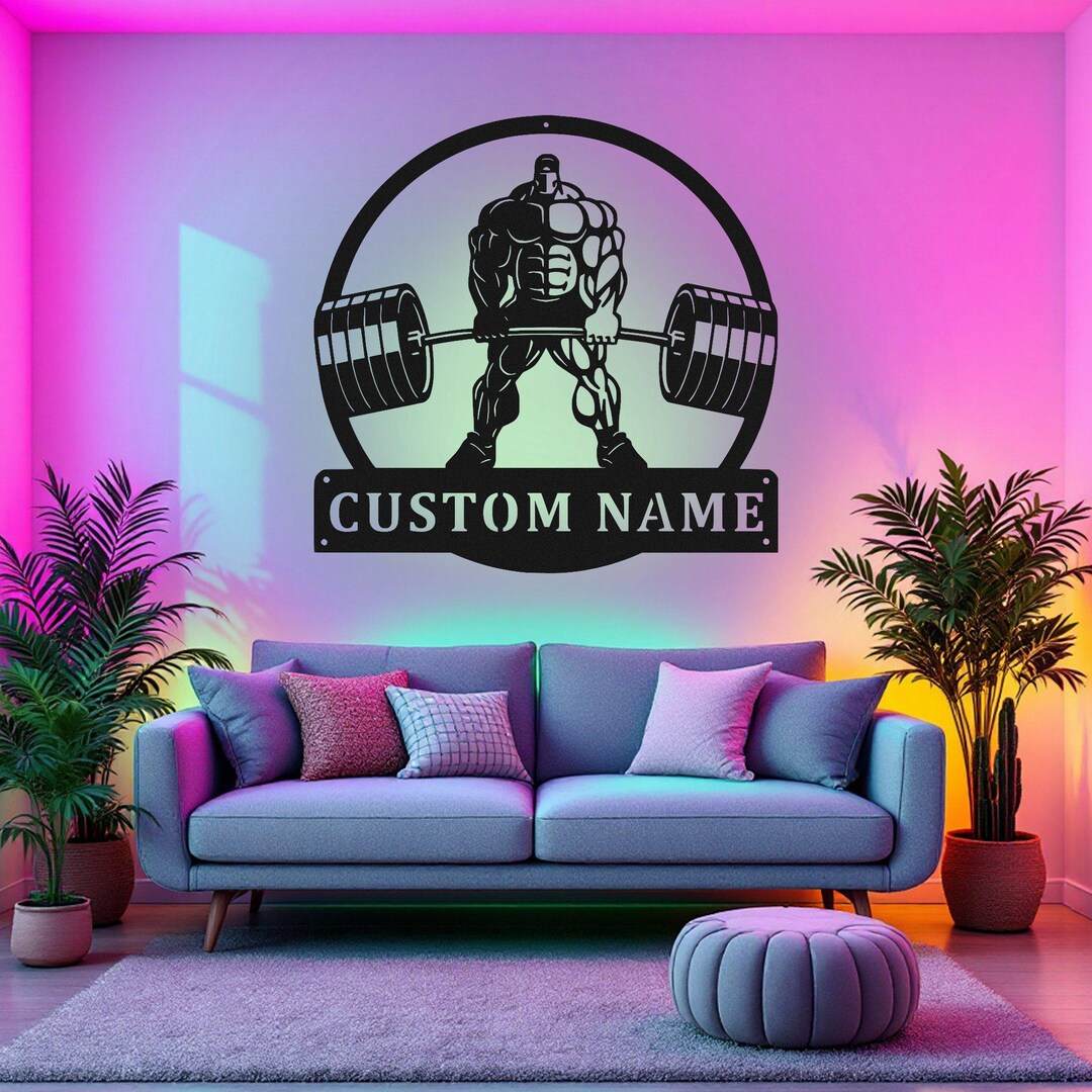 Custom Powerlifting Man Metal Wall Art With LED Light, Personalized ...