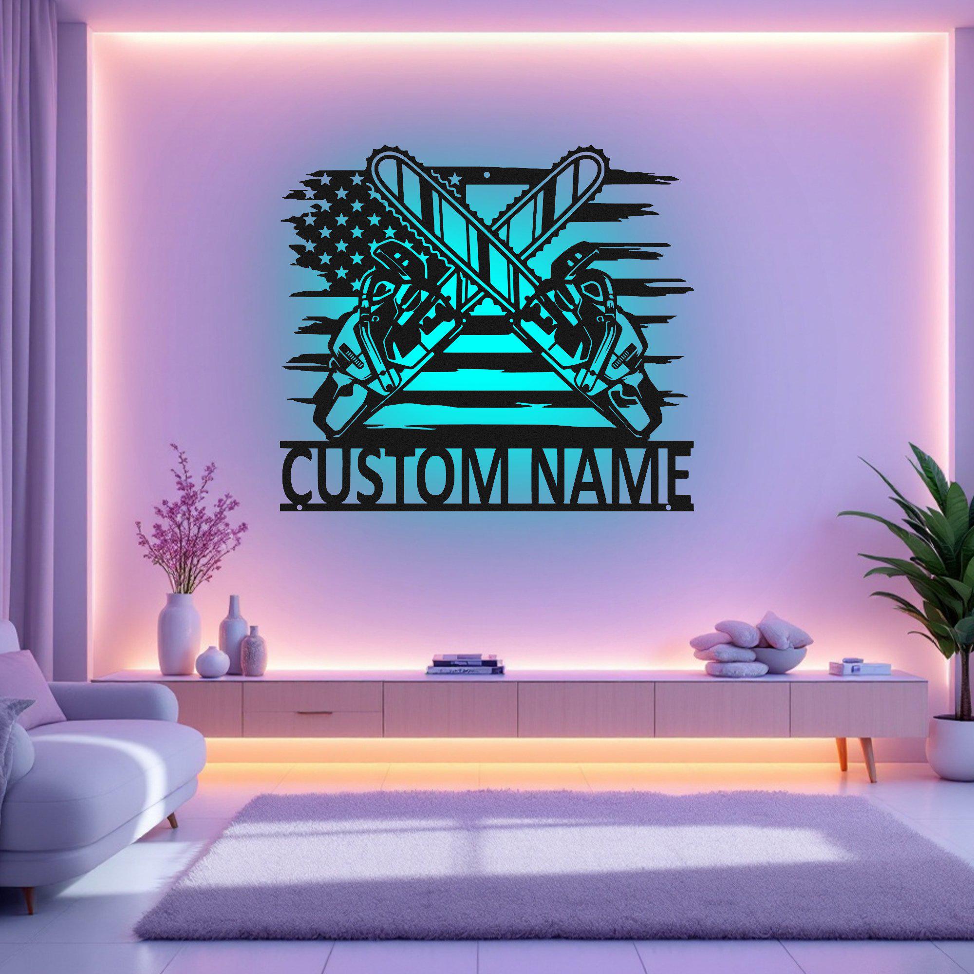 Custom US Logging Chainsaw Metal Wall Art With LED Light, Personalized ...