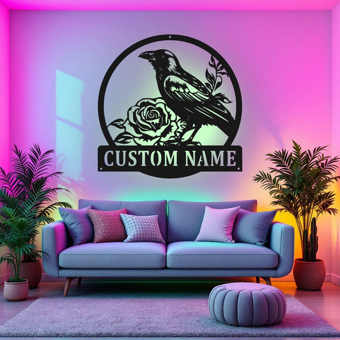 Custom Black Crow Raven Bird Metal Sign With LED Light, Personalized ...