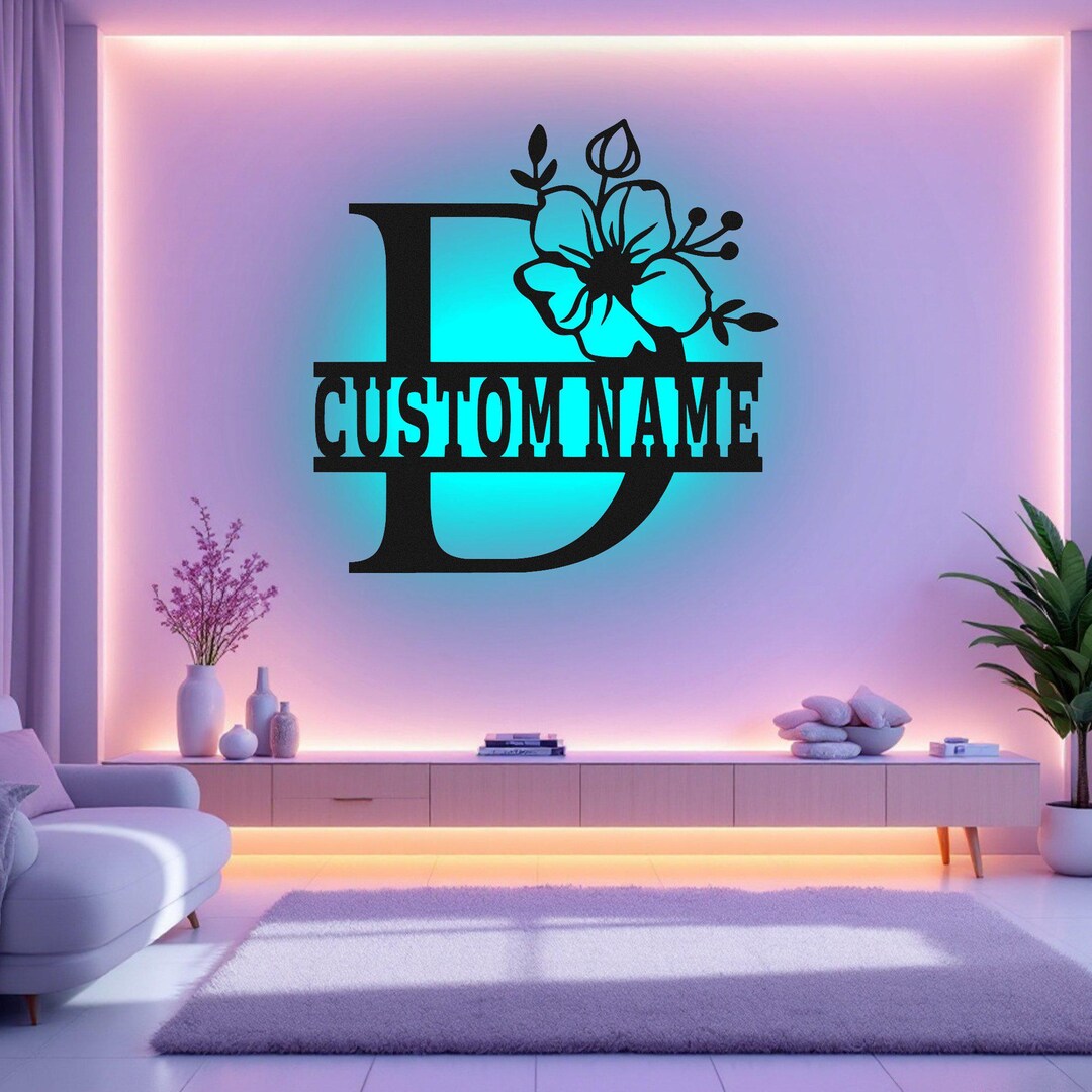 Custom Floral Alphabet D Metal Wall Art With Led Light, Personalized ...
