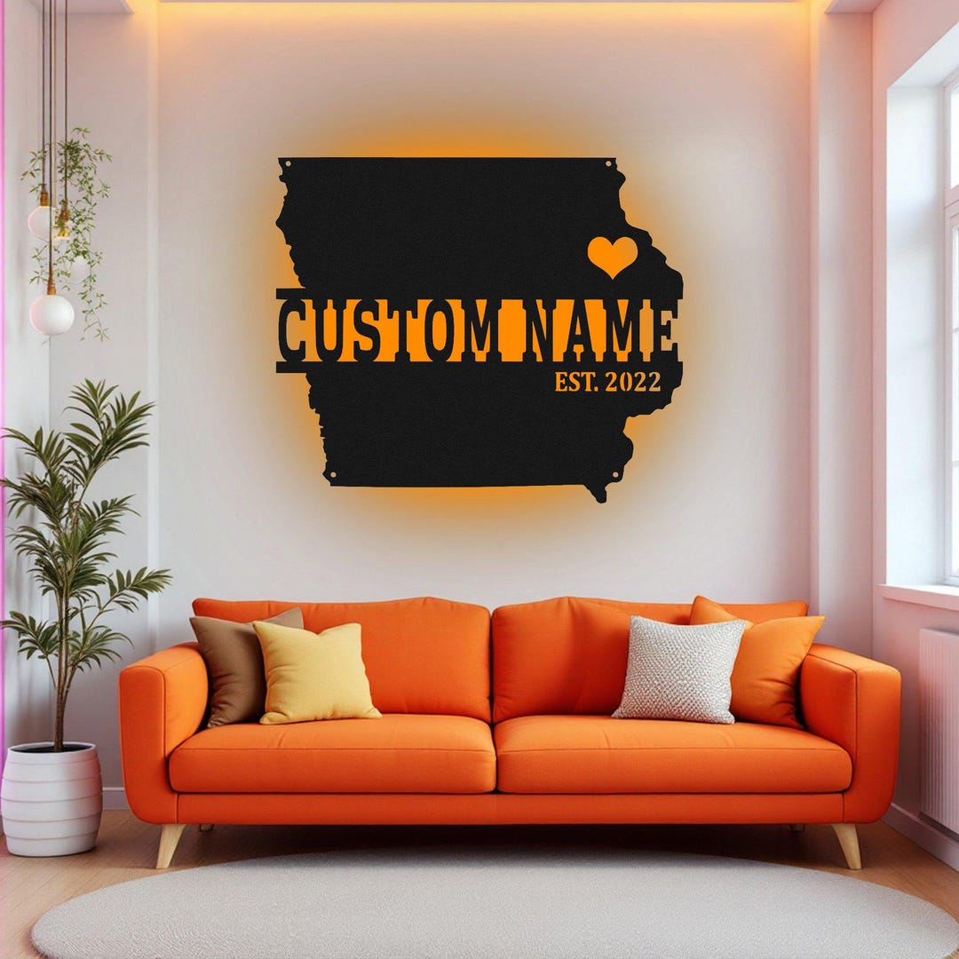 Custom Iowa Map Metal Wall Art With Led Light, Personalized Iowa State ...