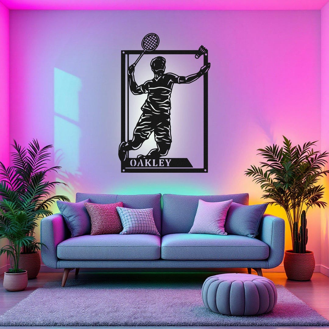 Custom Male Badminton Signage Metal Wall Art With LED Light ...