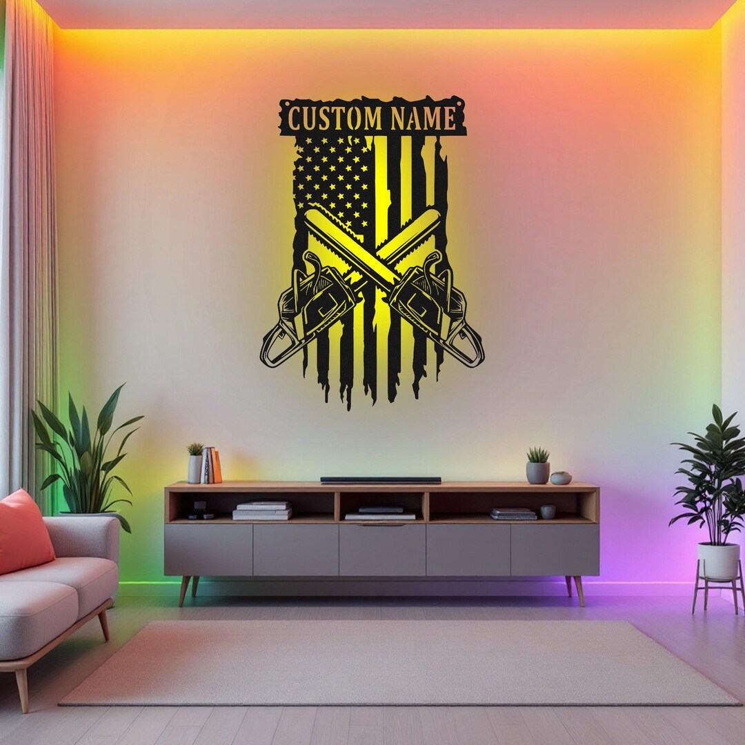 Custom US Logging Chainsaw Metal Wall Art With LED Light, Personalized ...