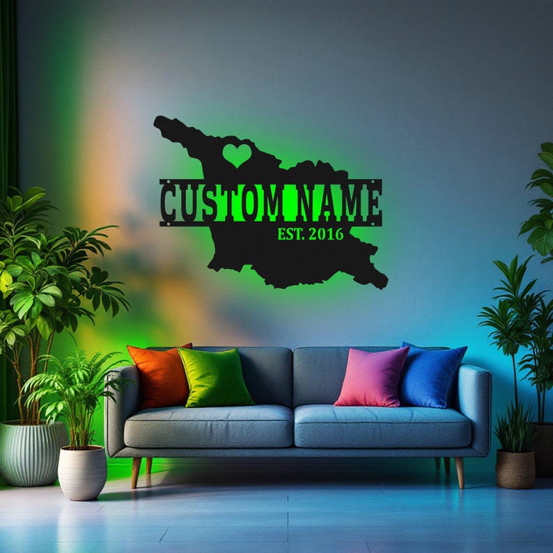 Custom Georgia Map Metal Wall Art With Led Light, Personalized Georgia ...