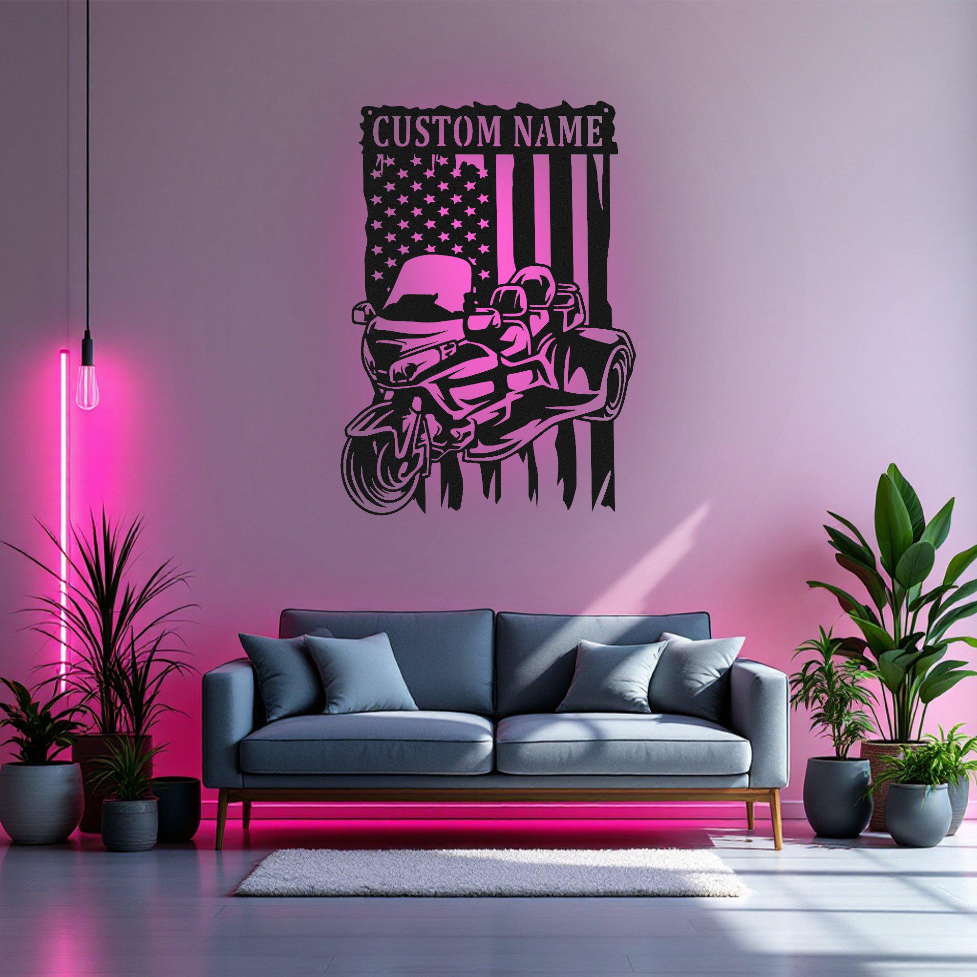 Custom US Trike Motorcycle Metal Wall Art With LED Light, Personalized ...