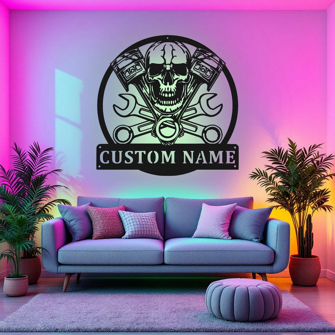 Custom Mechanic Skull Metal Wall Art With LED Light, Personalized ...