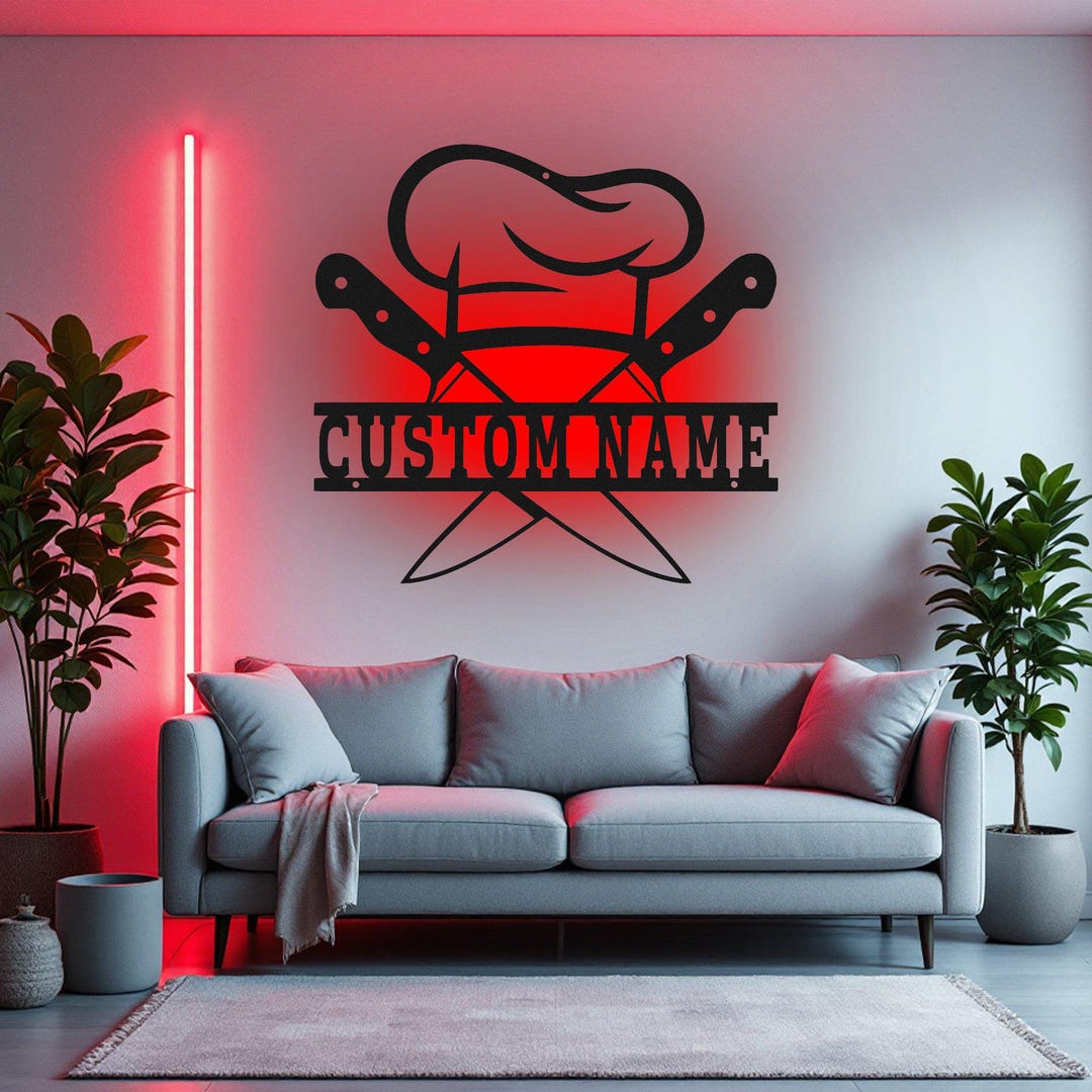 Custom Chef Hat Metal Wall Art With LED Light, Personalized Chef Name ...