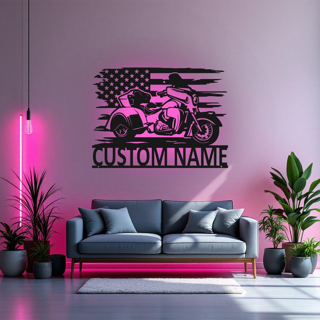 Custom US Trike Motorcycle Metal Wall Art With LED Light, Personalized ...