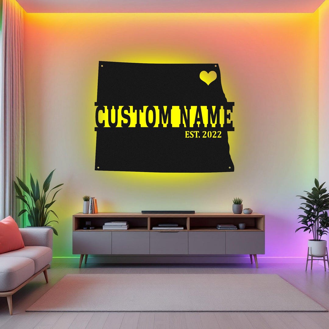 Custom South Dakota Map Metal Wall Art With Led Light, Personalized ...