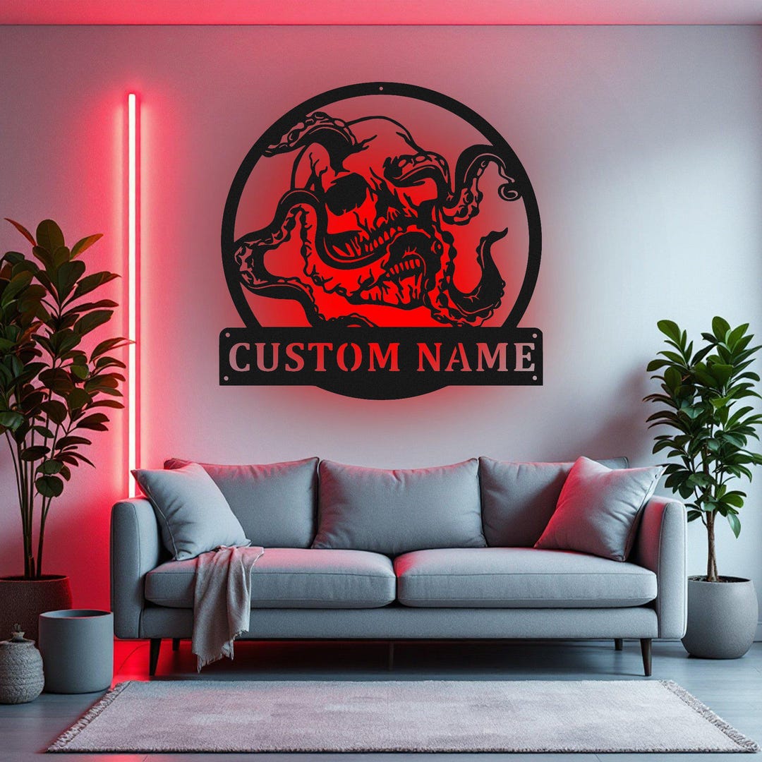 Custom Octopus Skull Metal Wall Art With LED Light, Personalized ...