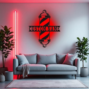 Custom Barber Pole Metal Wall Art With LED Light, Personalized Barber ...