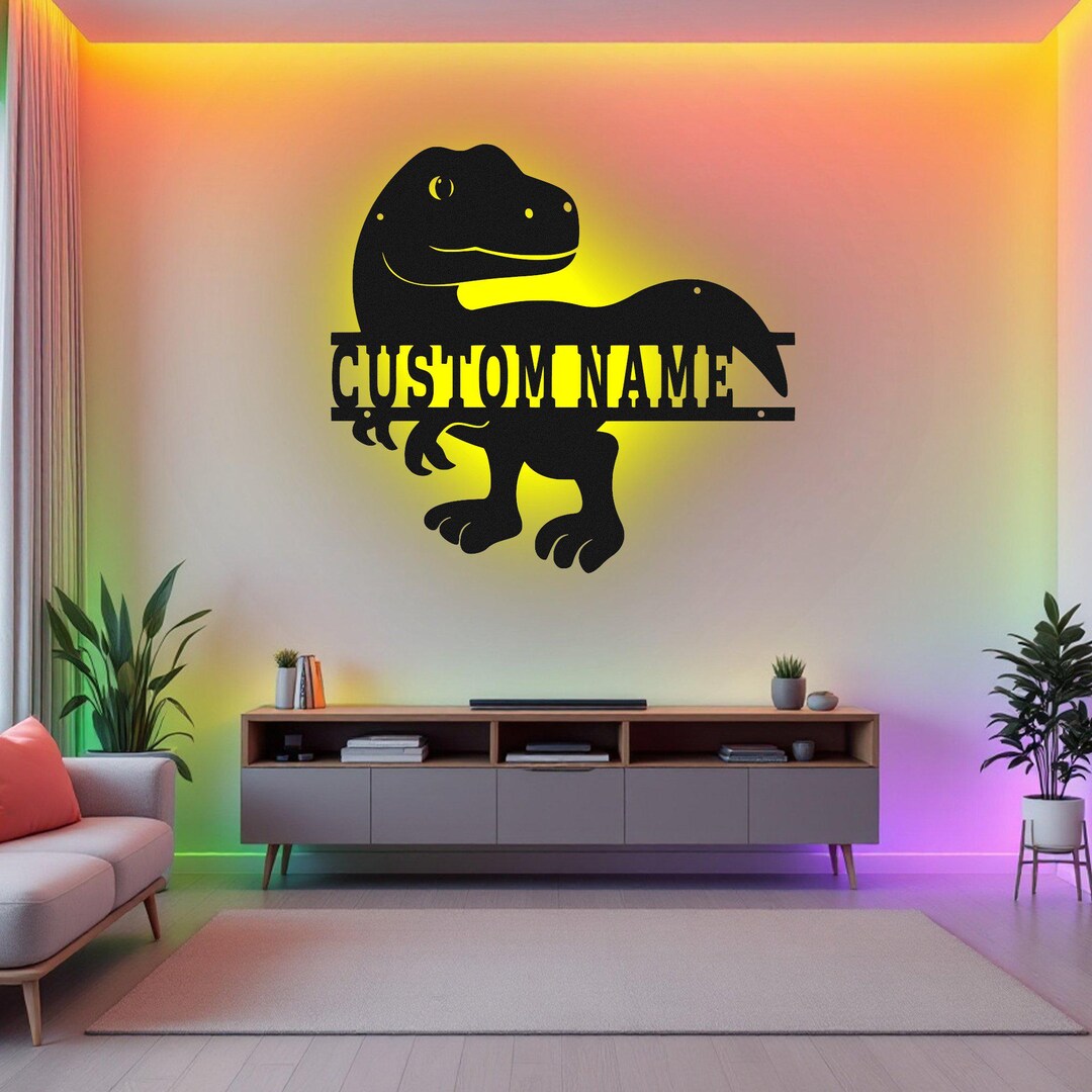 Custom Dinosaur Metal Wall Art With LED Light, Personalized Dinosaur ...