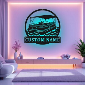 Custom Pontoon Boat Metal Wall Art With LED Light, Personalized Pontoon Boat Name Sign ...