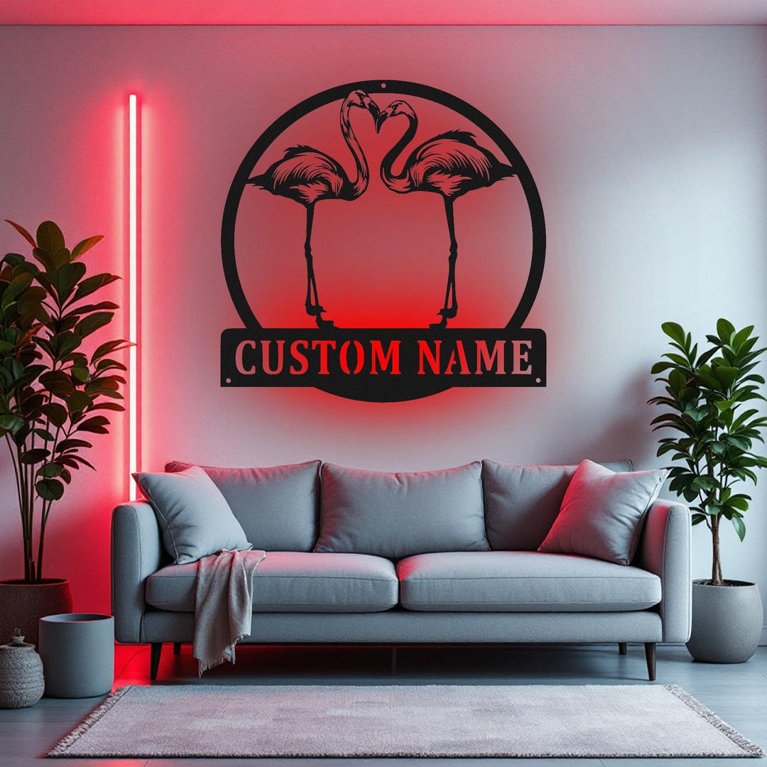 Custom Couple Flamingo Metal Wall Art With LED Light, Personalized ...