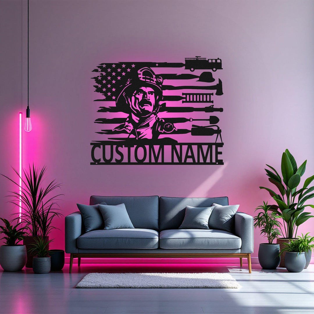 Custom US Fire Fighter Dad Metal Wall Art With LED Light, Personalized ...