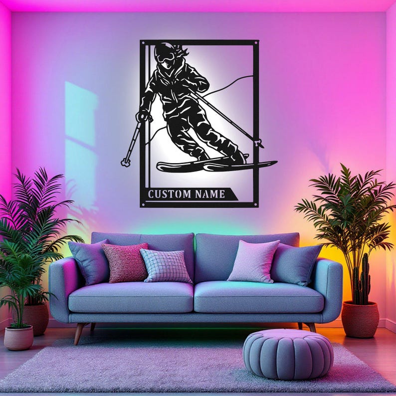 Custom Female Skiing Signage Metal Wall Art With LED Light ...