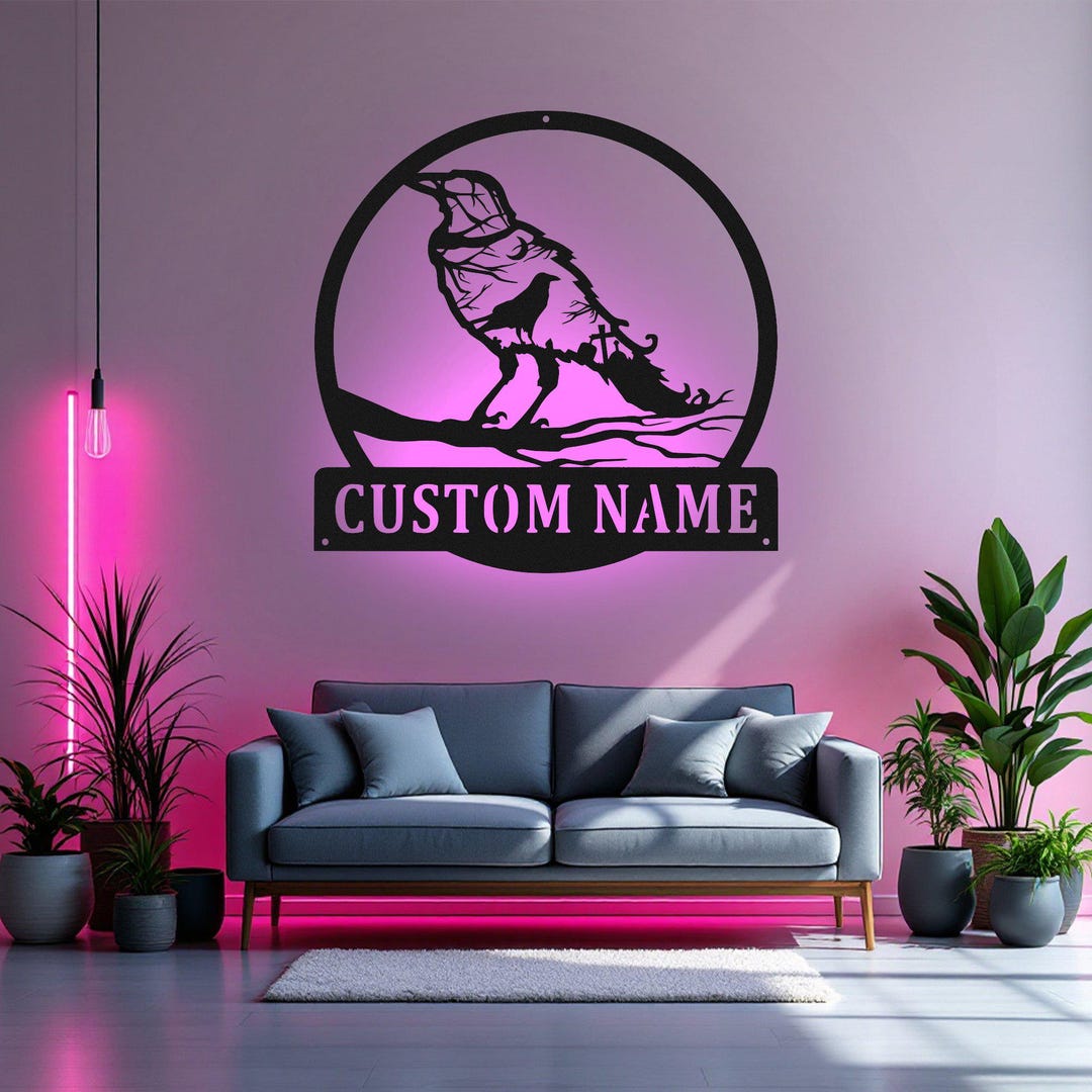 Custom Black Crow Raven Bird Metal Sign With LED Light, Personalized ...