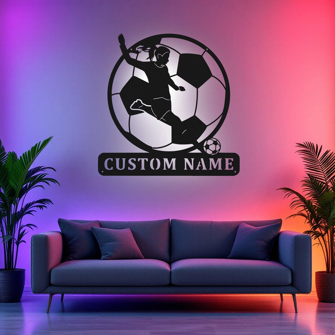 Custom Soccer Metal Wall Art With LED Light, Personalized Soccer Player ...