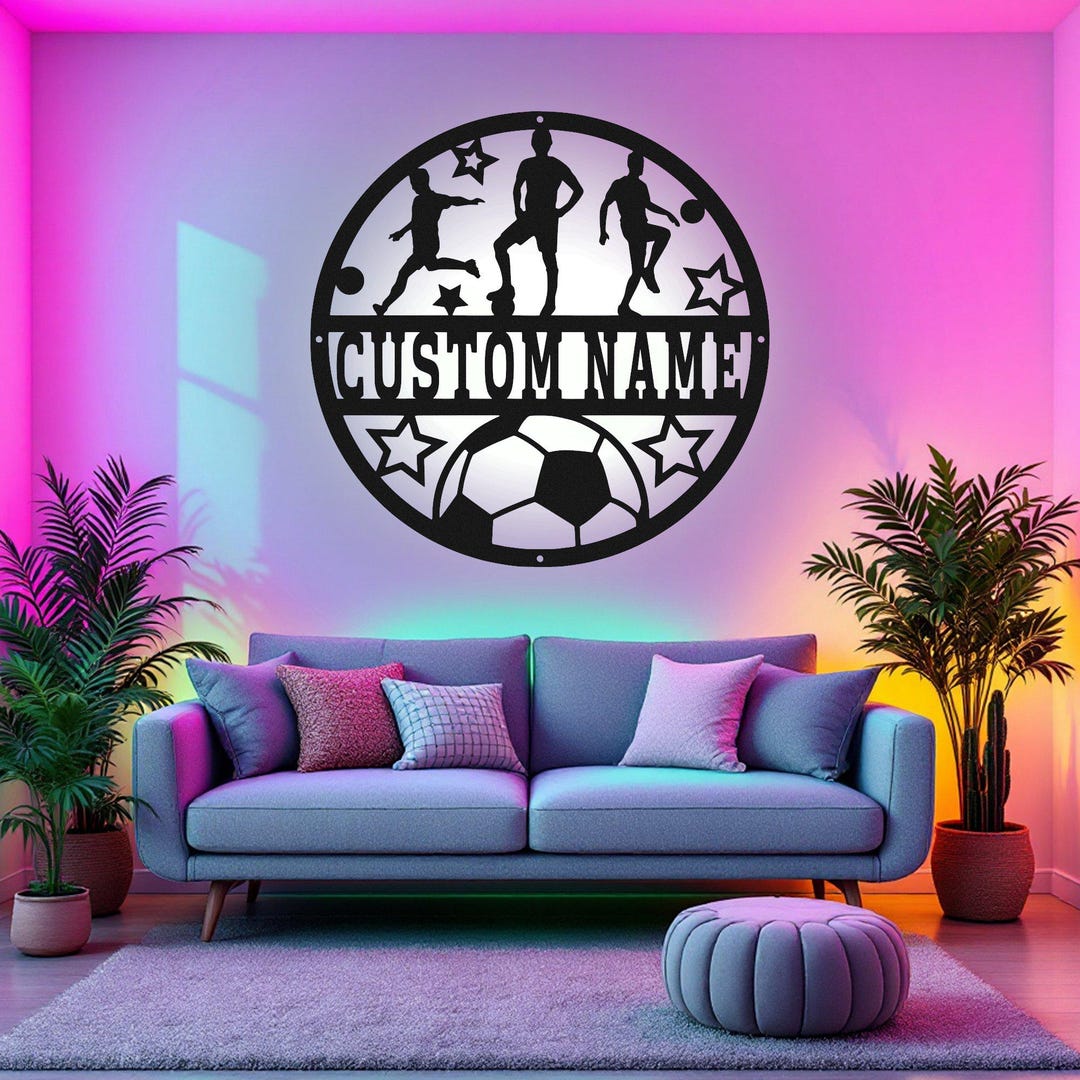 Custom Soccer Male Metal Wall Art With LED Light, Personalized Soccer ...