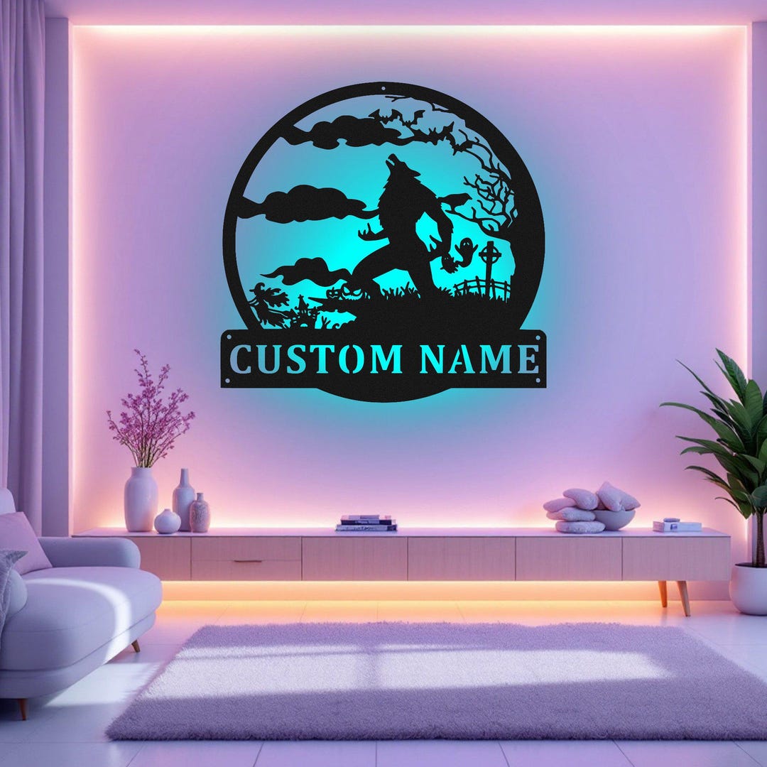 Custom Werewolf Full Moon Metal Wall Art With LED Light, Personalized ...