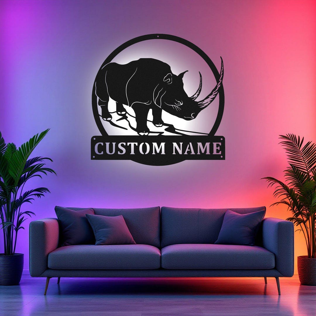Custom Big Horn Rhino Metal Wall Art With LED Light, Personalized Rhino ...
