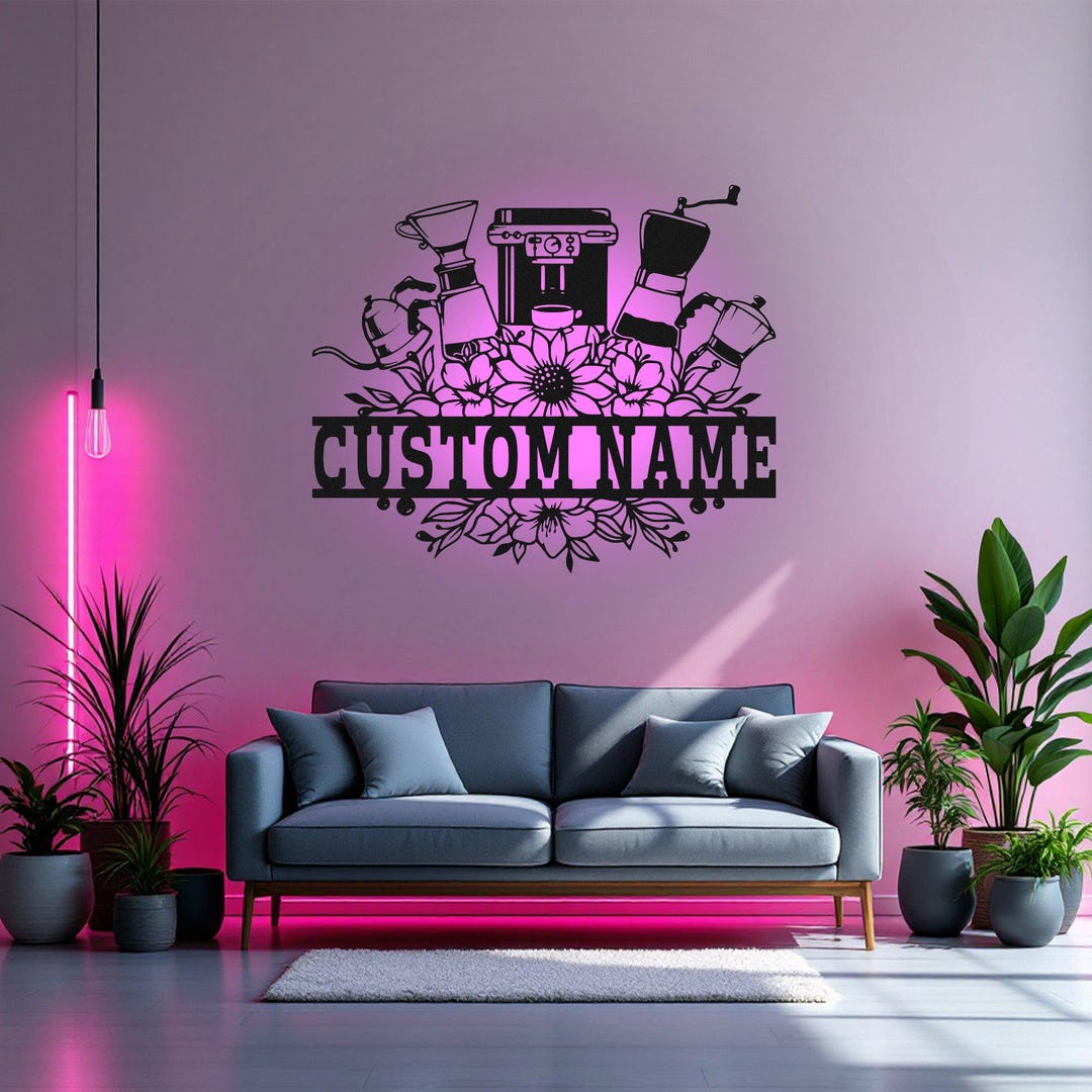 Custom Coffee Maker Frame Metal Wall Art With LED Light, Personalized ...