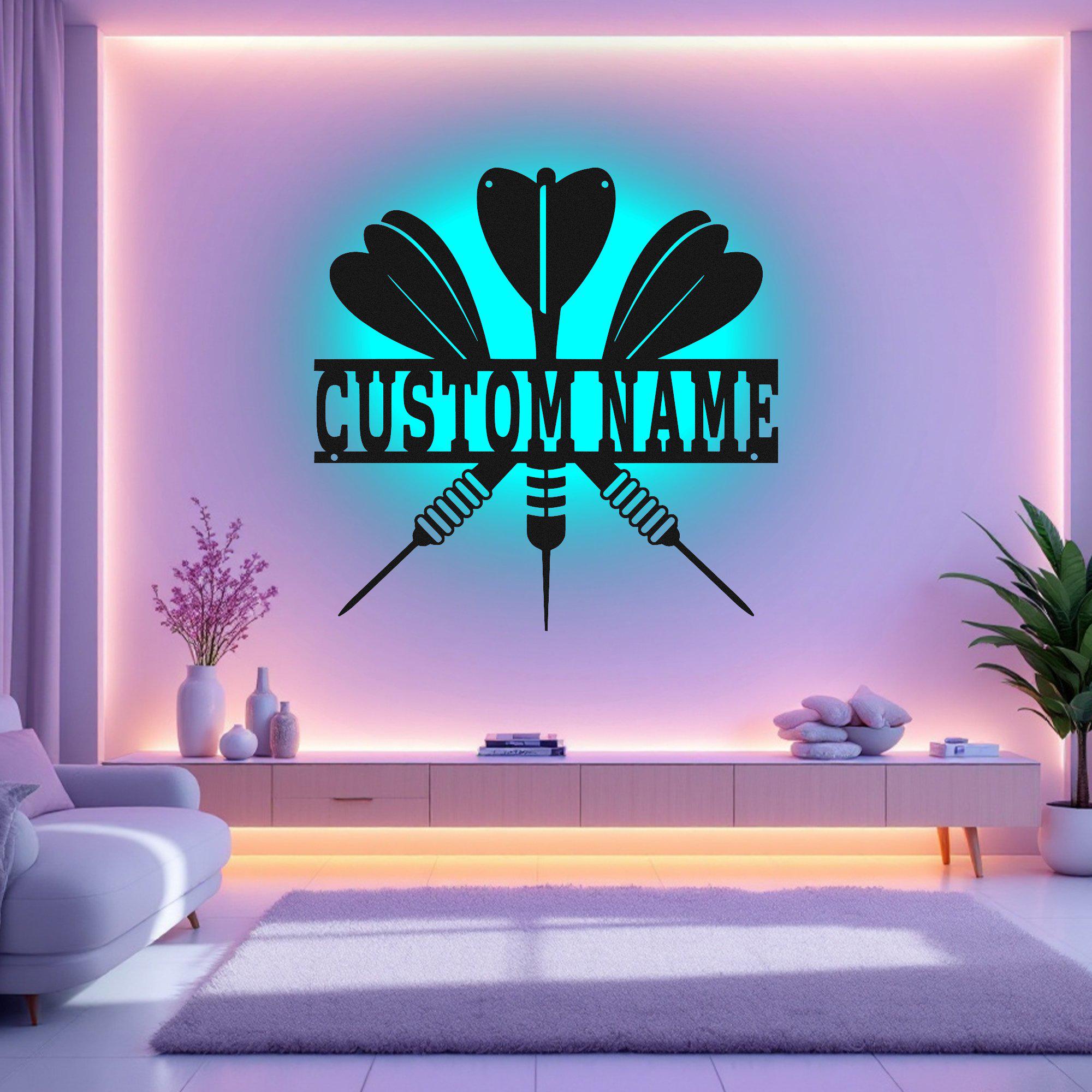 Custom Darts Metal Wall Art With LED Light, Personalized Darts Player ...