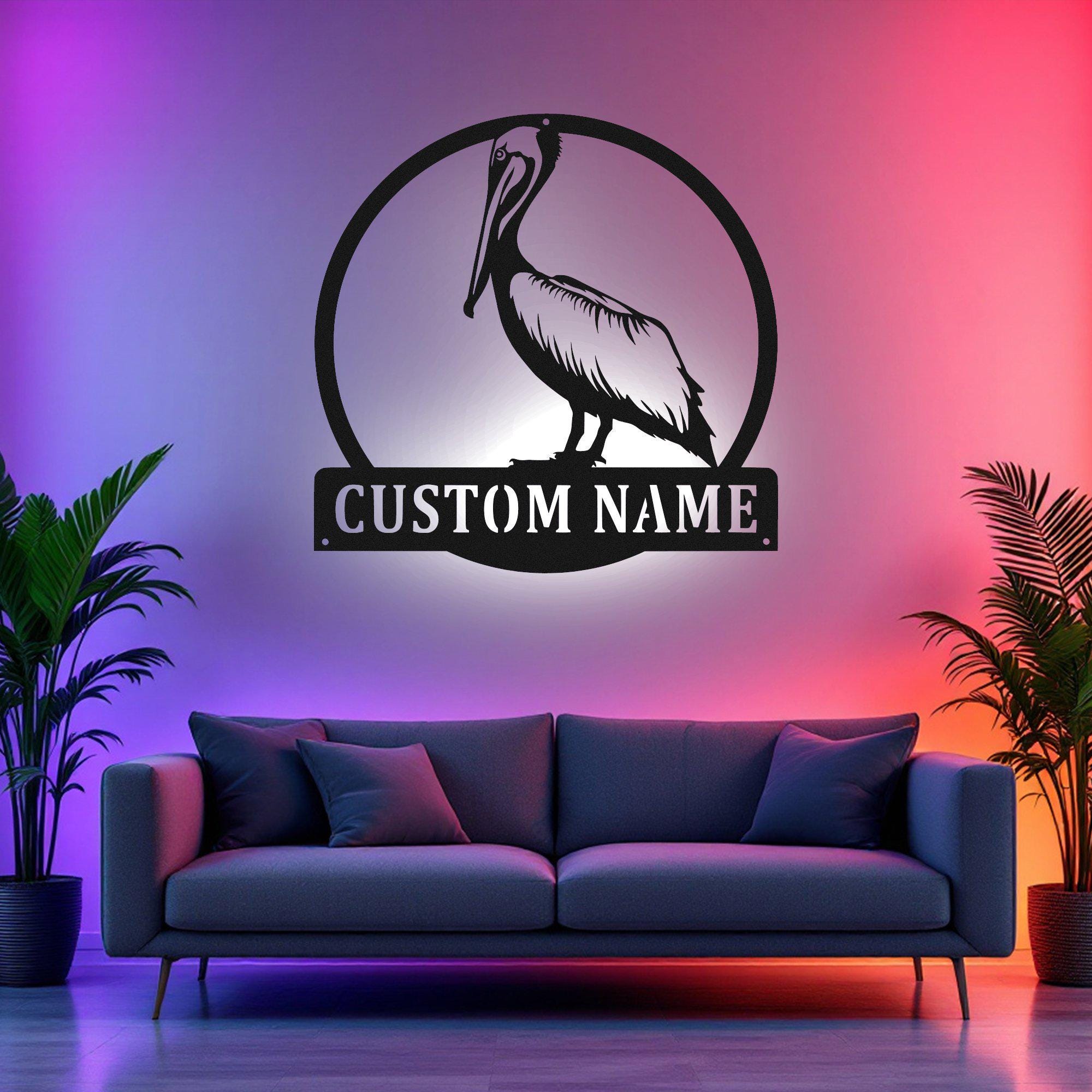 Custom Pelican Metal Wall Art With LED Light, Personalized Pelican Name ...