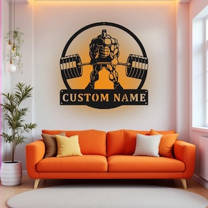 Custom Powerlifting Man Metal Wall Art With LED Light, Personalized ...