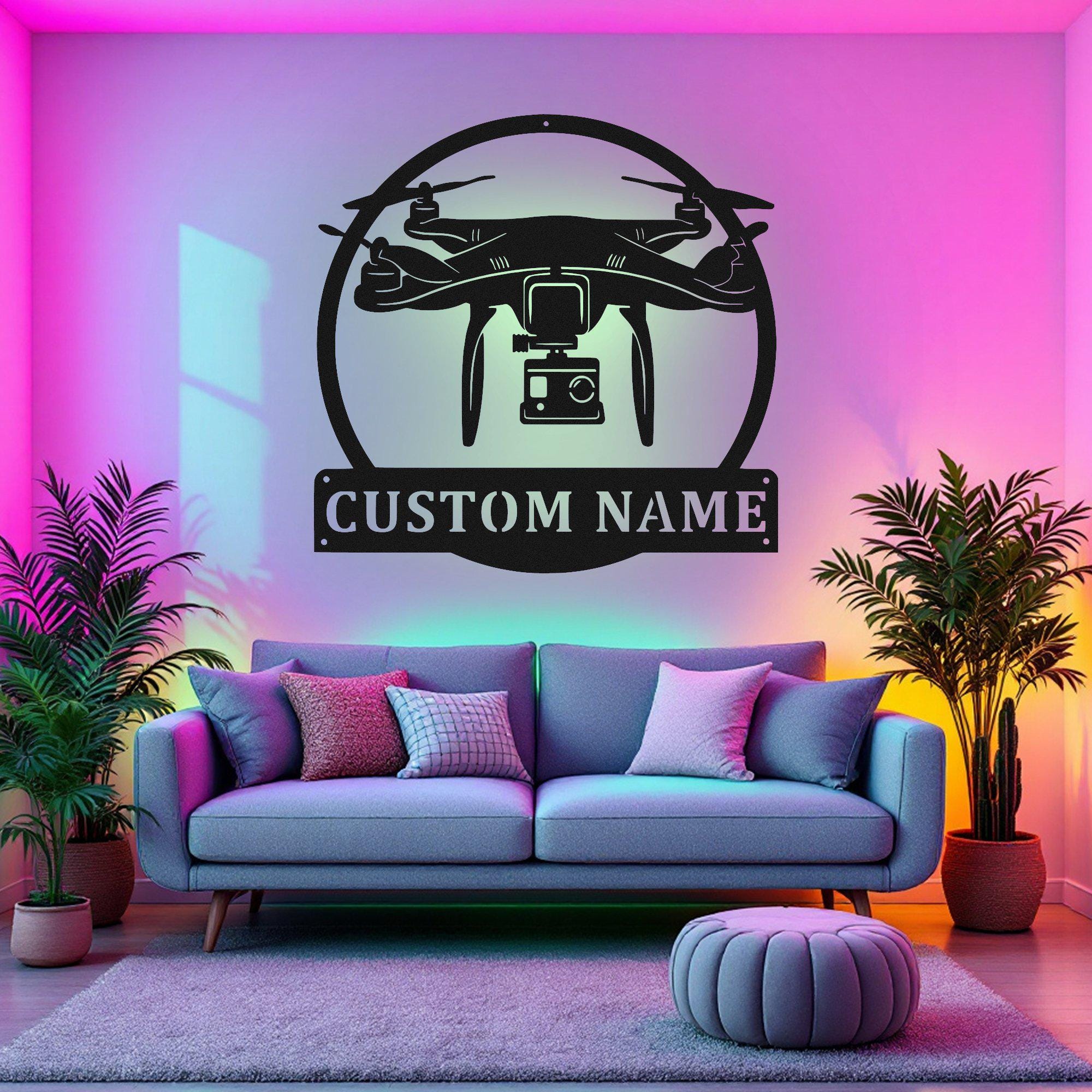 Custom Drone Metal Wall Art With LED Light, Personalized Drone Name ...