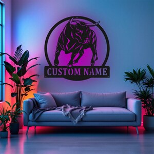 Custom Bull Metal Wall Art With LED Light, Personalized Bull Name Sign ...