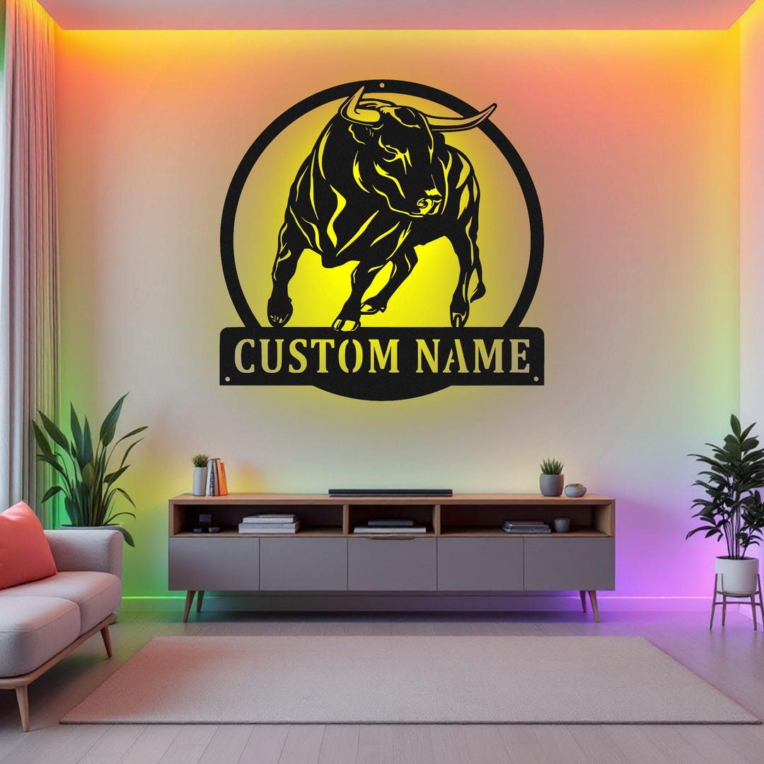 Custom Bull Metal Wall Art With LED Light, Personalized Bull Name Sign ...