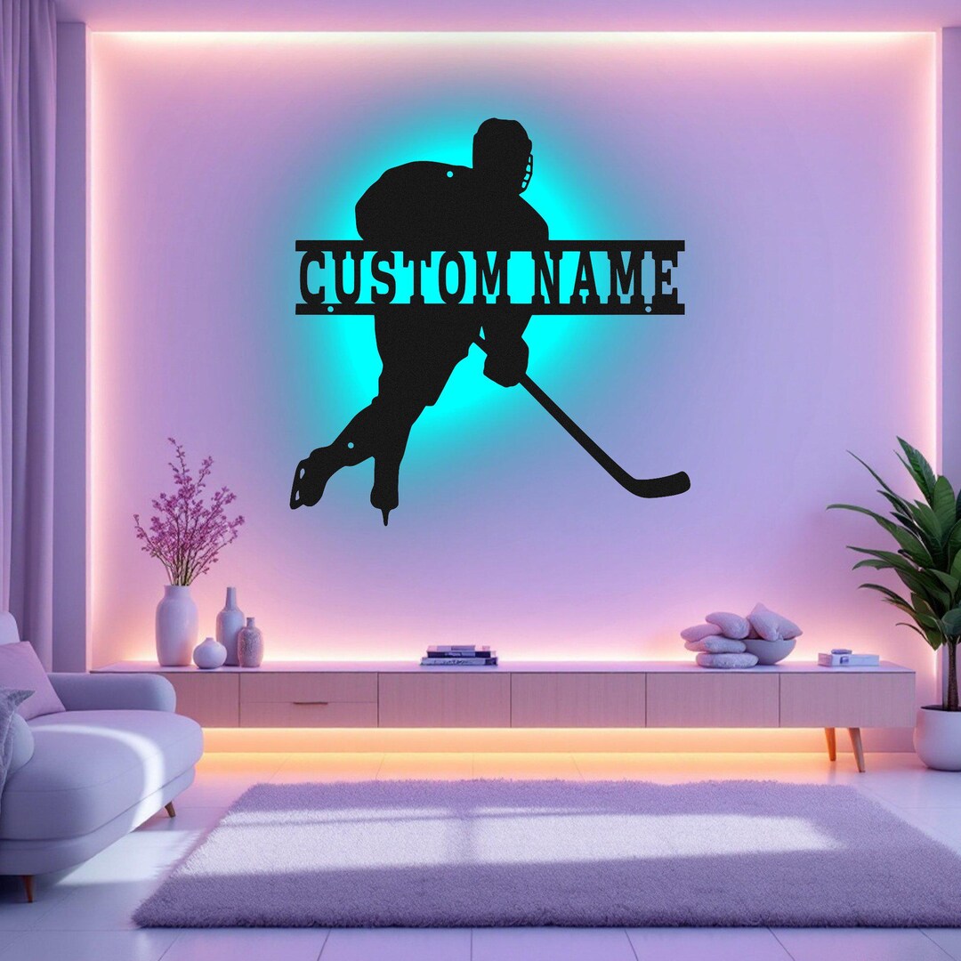 Custom Hockey Metal Wall Art With LED Light, Personalized Hockey Player ...