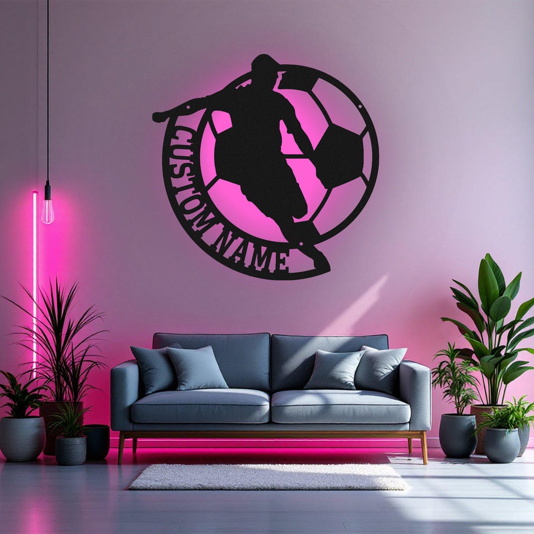 Custom Soccer Metal Wall Art With LED Light, Personalized Soccer Player ...