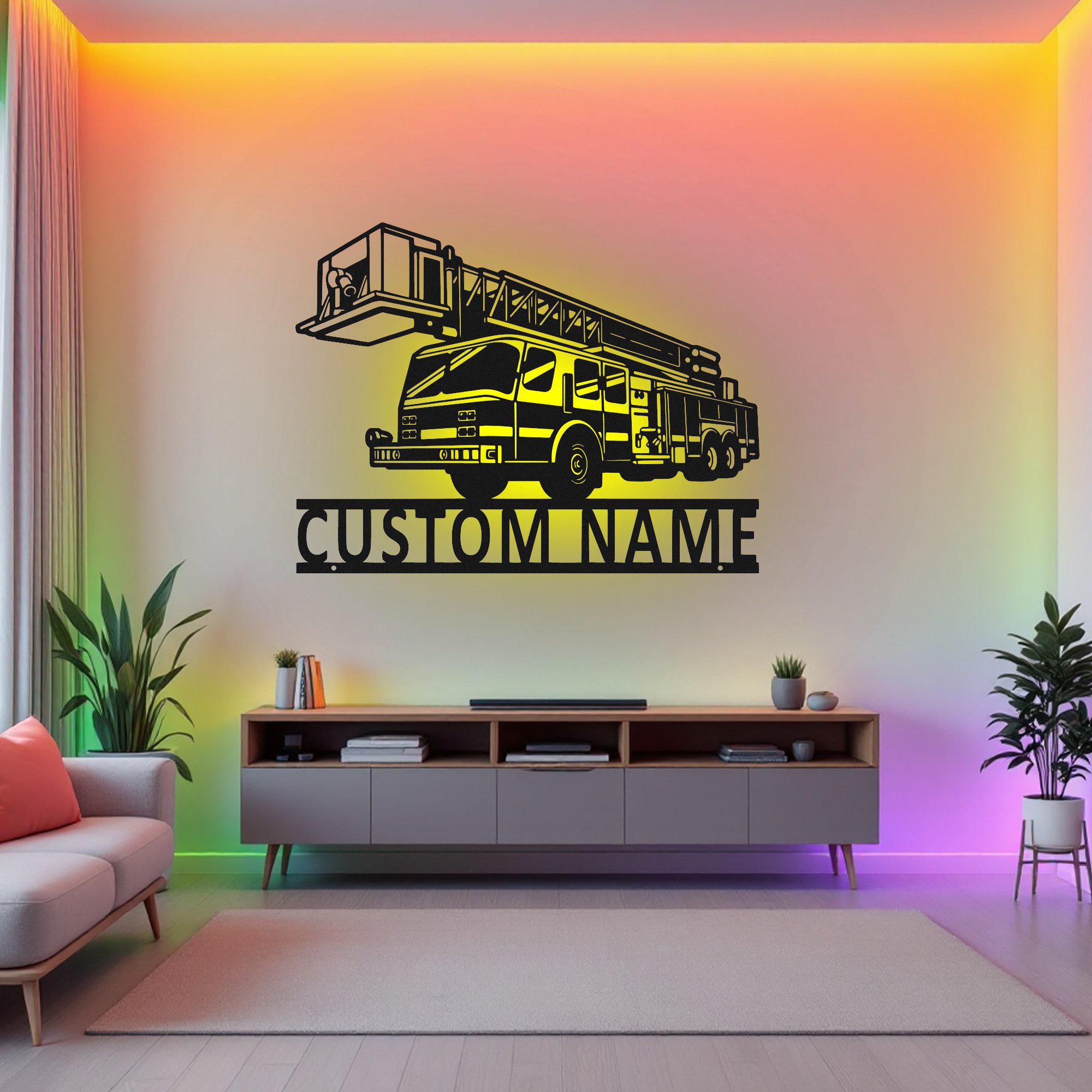 Custom Fire Truck Metal Wall Art With LED Light, Personalized Fire ...