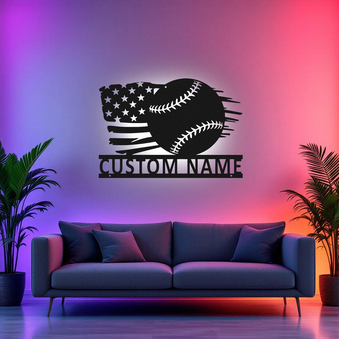 Custom US Flag Baseball Metal Wall Art With LED Light, Personalized ...